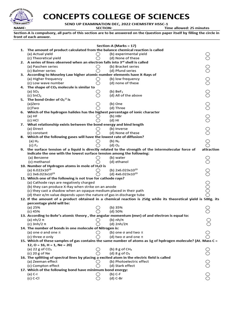 11th Chem Re-Sendup Paper-2 | PDF | Chemical Bond | Gases
