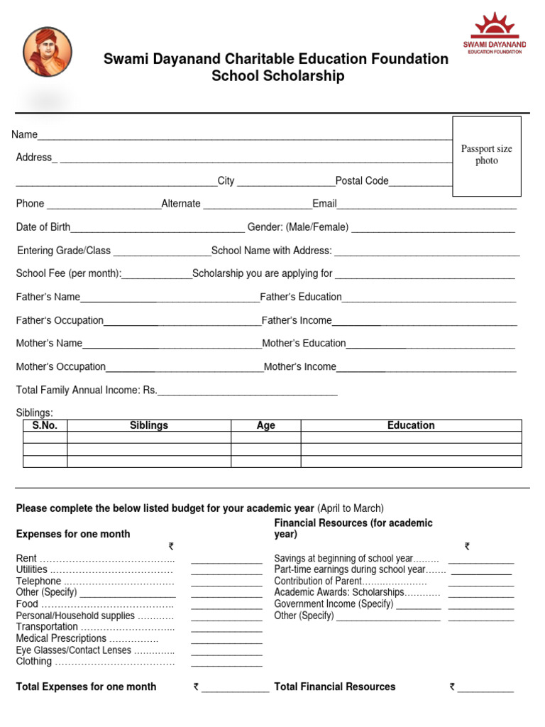 Swami Dayanand Charitable Education Foundation School Scholarship | PDF
