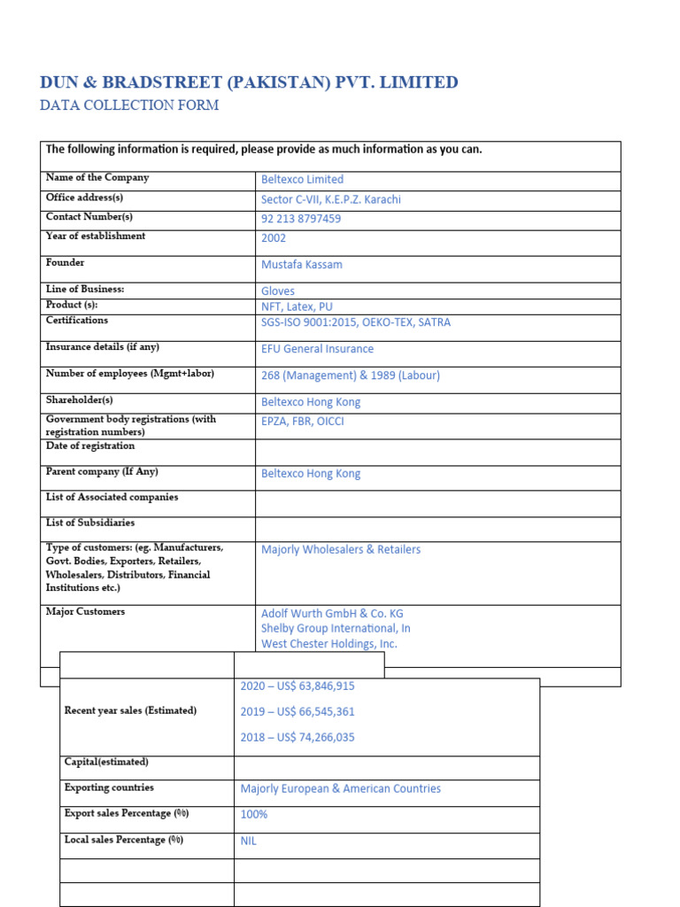 Information Collection and Confirmation Form of Beltexco - Dun Brad | PDF