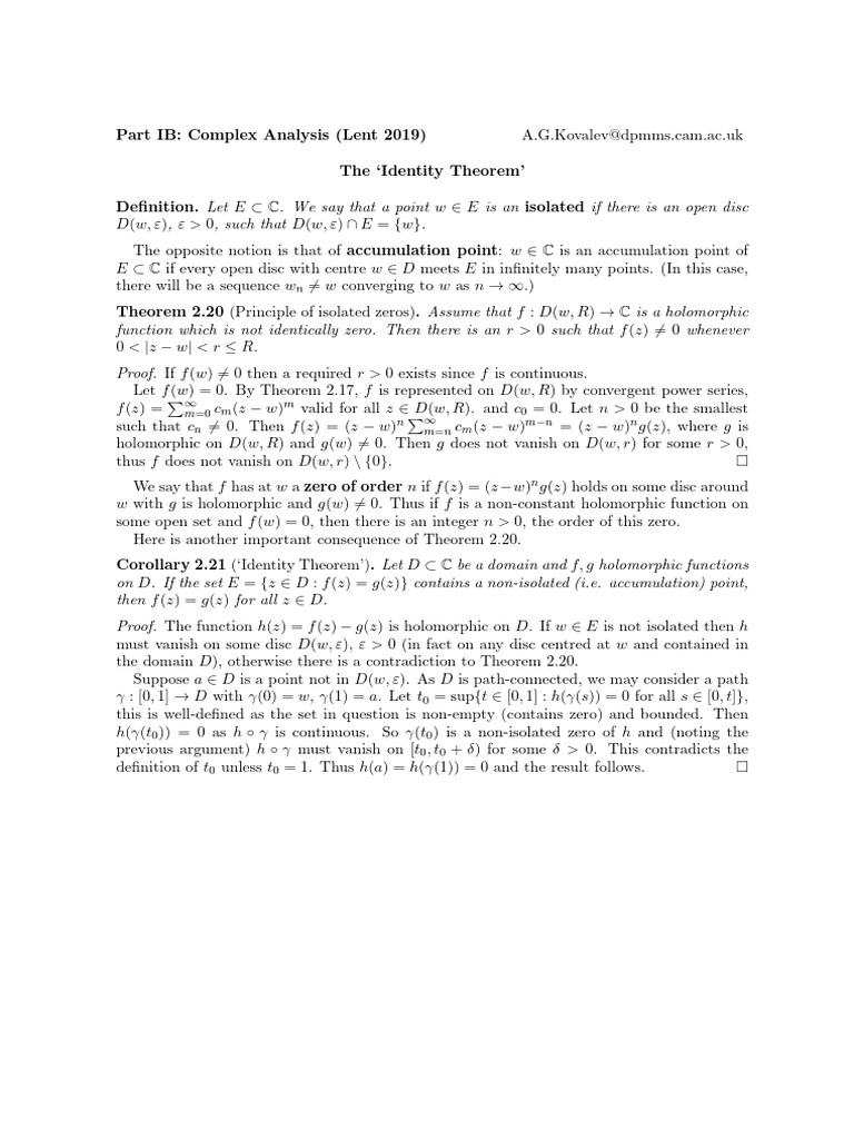 University of Cambridge Identity Theorem | PDF | Power Series | Functions And Mappings