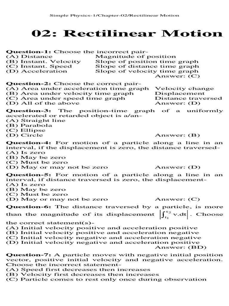 02 Rectilinear MotionQ1 Q27 | PDF | Velocity | Acceleration