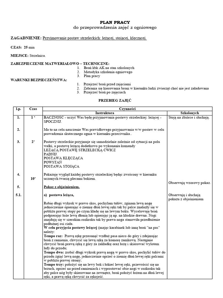 Plan Pracy - Ogniowe - Przyjmowanie Postawy Strzeleckiej Leżąc, Stojąc Klęcząc | PDF