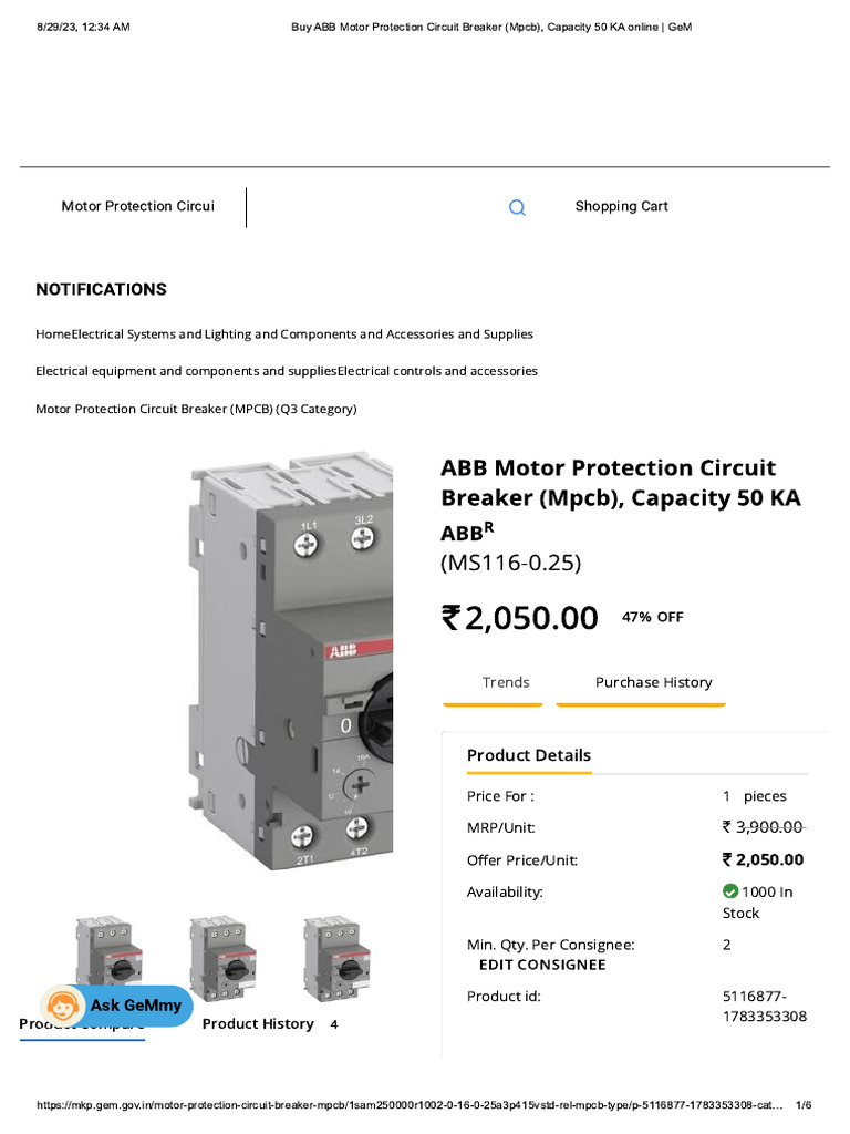 Buy ABB Motor Protection Circuit Breaker (MPCB), Capacity 50 KA Online - GeM | PDF