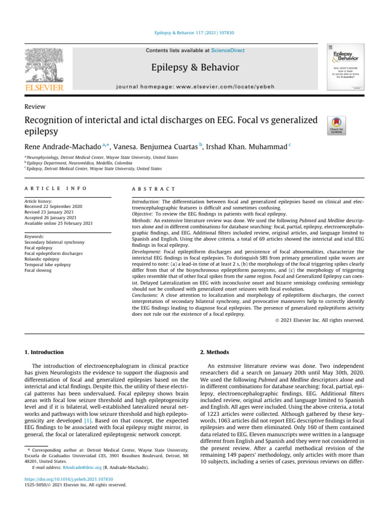 Recognition of Interictal and Ictal Discharges On EEG. Focal Vs ...