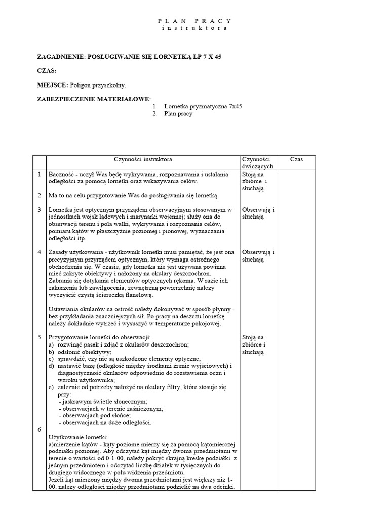 Plan Pracy - Wskazywanie Celów Lornetka 7x45 | PDF