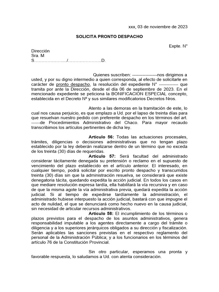 Solicitud de Pronto Despacho Administrativo | PDF | Gobierno | Justicia