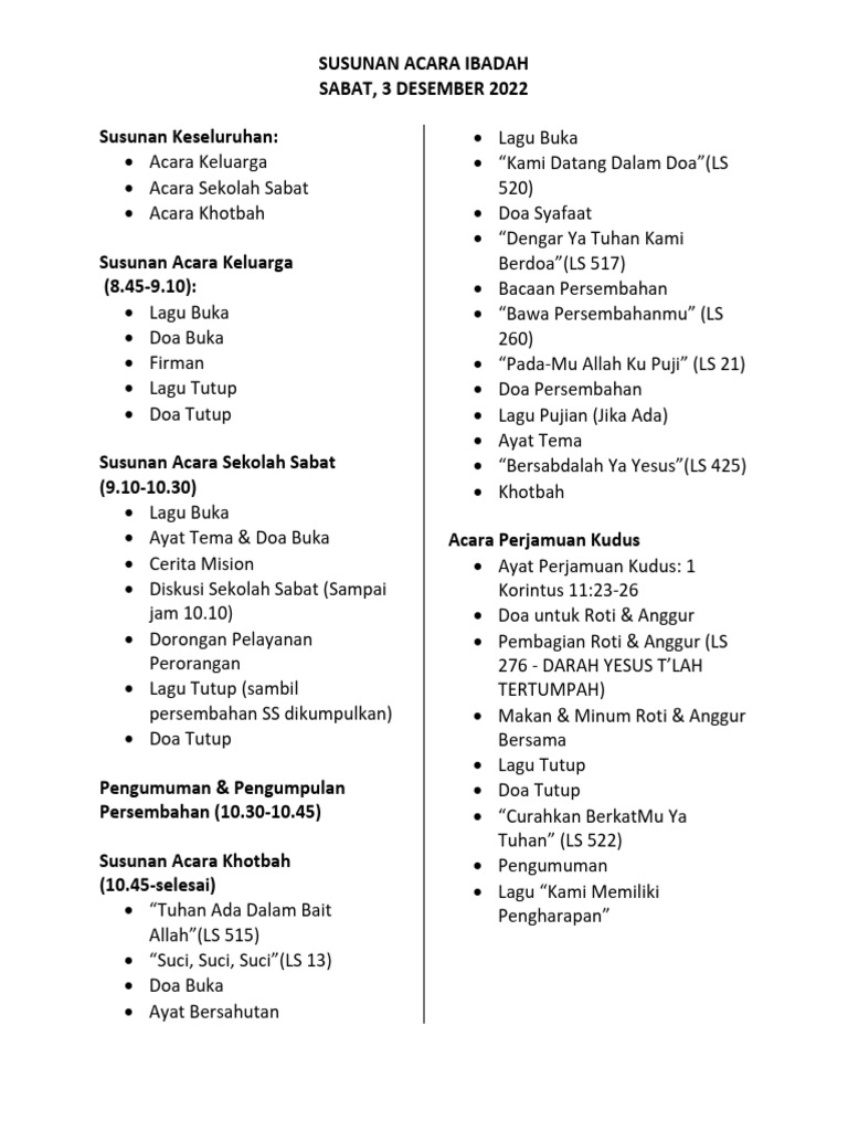 Susunan Acara Ibadah - Sabat, 3 Desember 2022 (Spesial Perjamuan Kudus ...