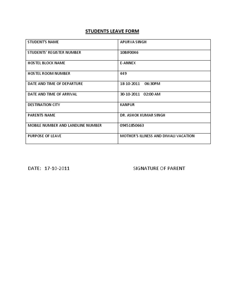 Student Leave Form for Apurva Singh | PDF | Sports & Recreation