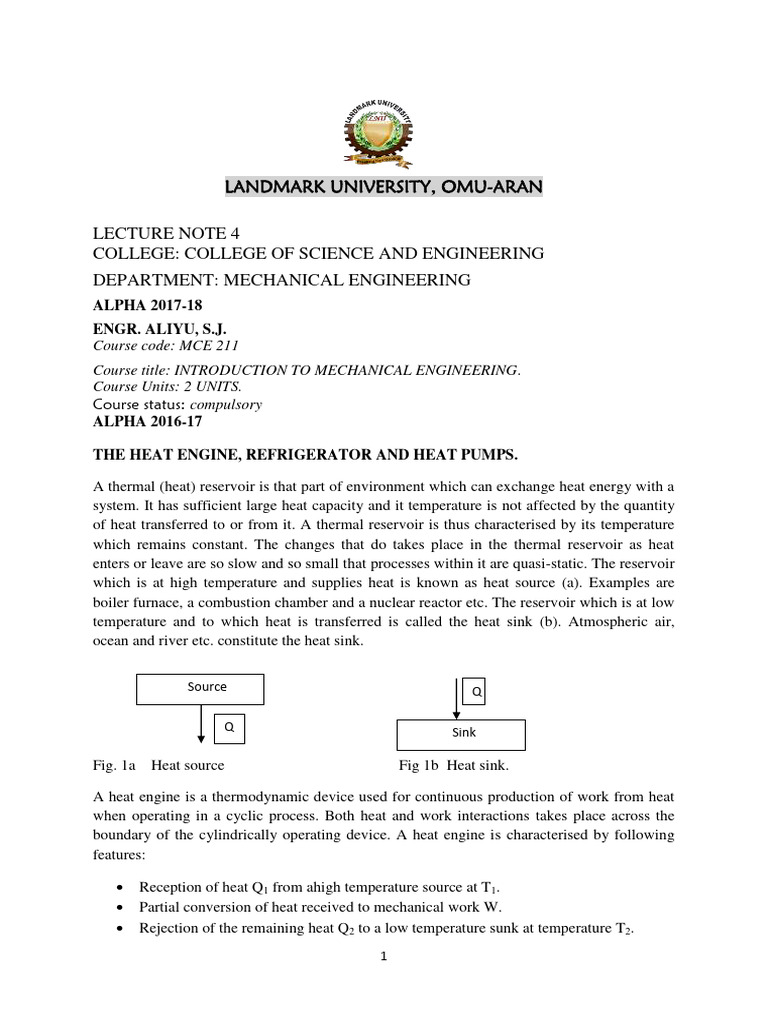 Mce-211-Lecture Note 4-The Heat Engine | PDF | Heat | Second Law Of Thermodynamics