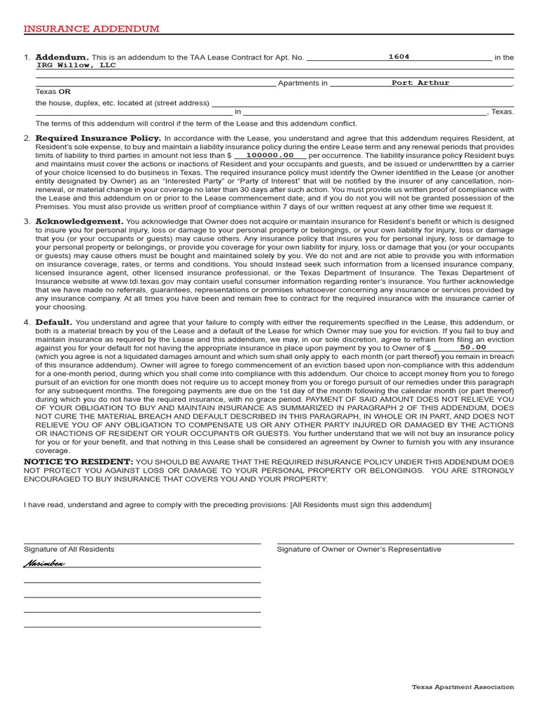 Insurance Addendum: 1604 IRG Willow, LLC Port Arthur | PDF | Lease ...