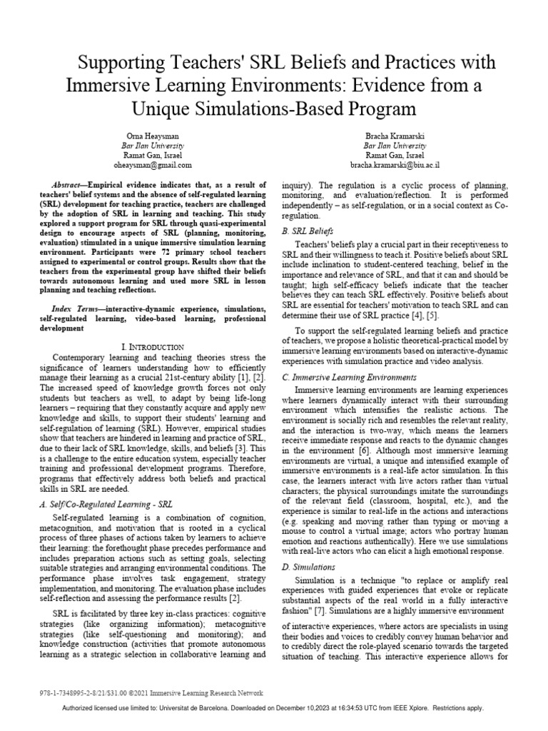 Supporting Teachers SRL Beliefs and Practices With Immersive Learning Environments Evidence From ...