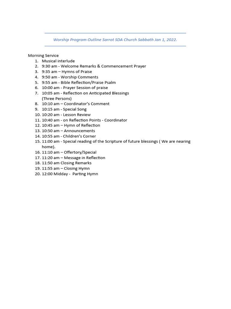 Worship Program Outline Sarrot SDA Church Sabbath Jan 1 | PDF
