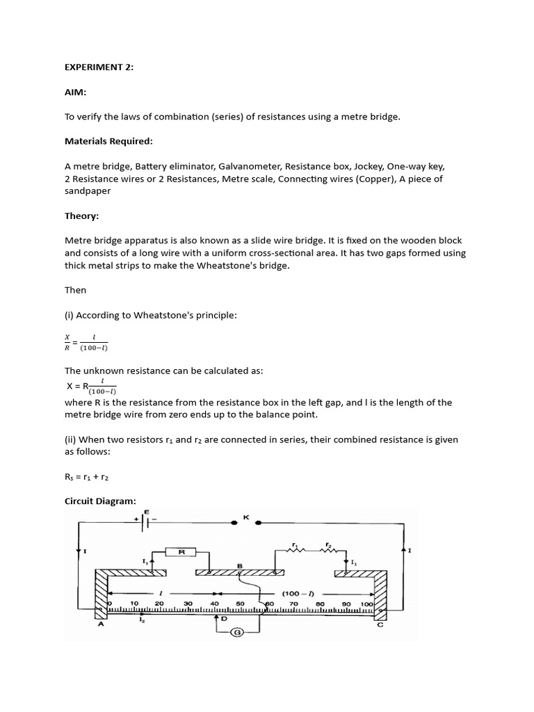To Verify The Laws of Combination (Series) of Resistances Using A Metre Bridge | PDF ...