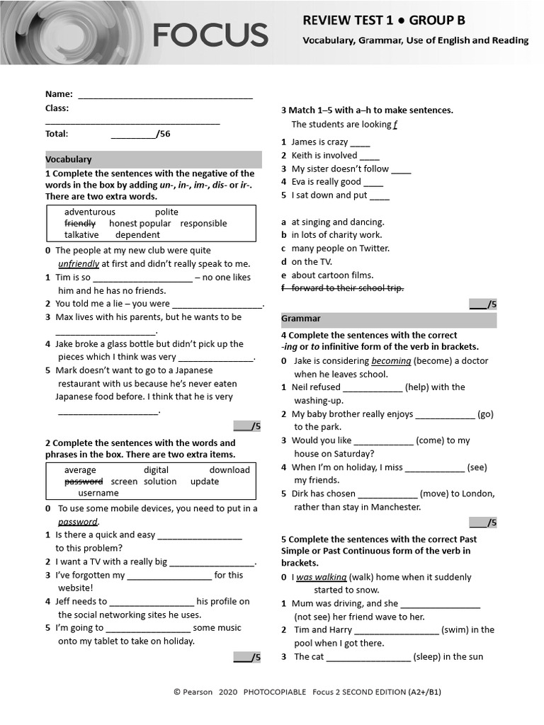 Focus2 2E Review Test 1 Units1 2 Vocabulary Grammar UoE Reading | PDF ... Focus2 2E Review Test 1 Units1 2 Vocabulary Grammar UoE Reading | PDF ...
