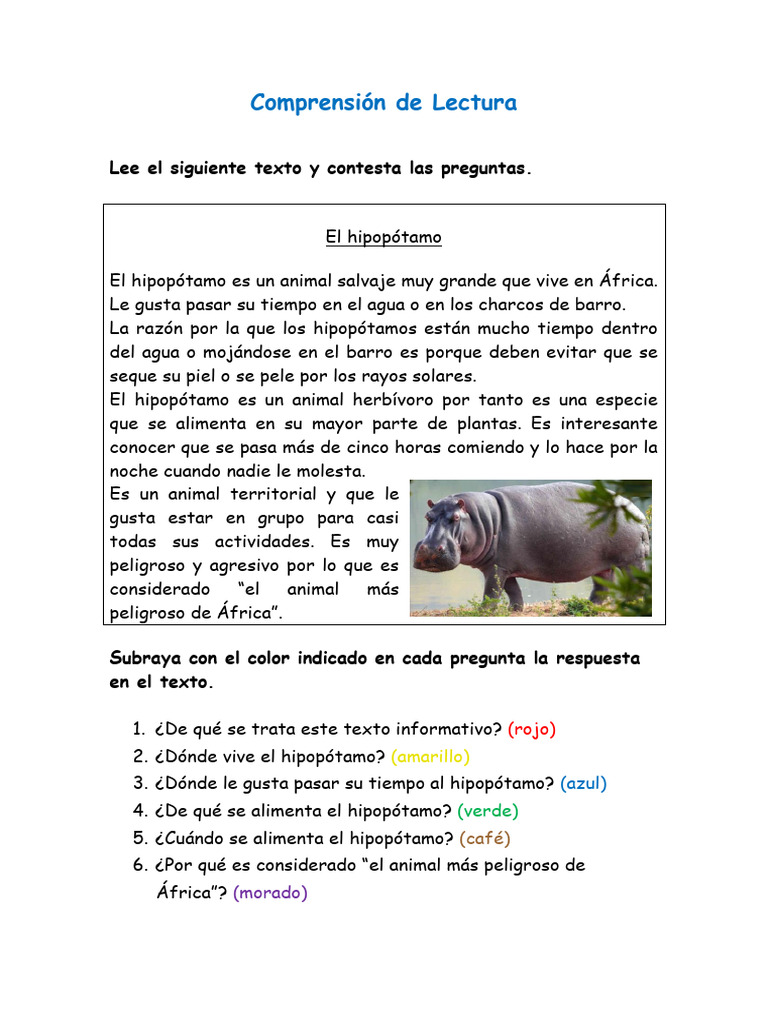 Comprensión de lectura (Los hipopótamos) | PDF