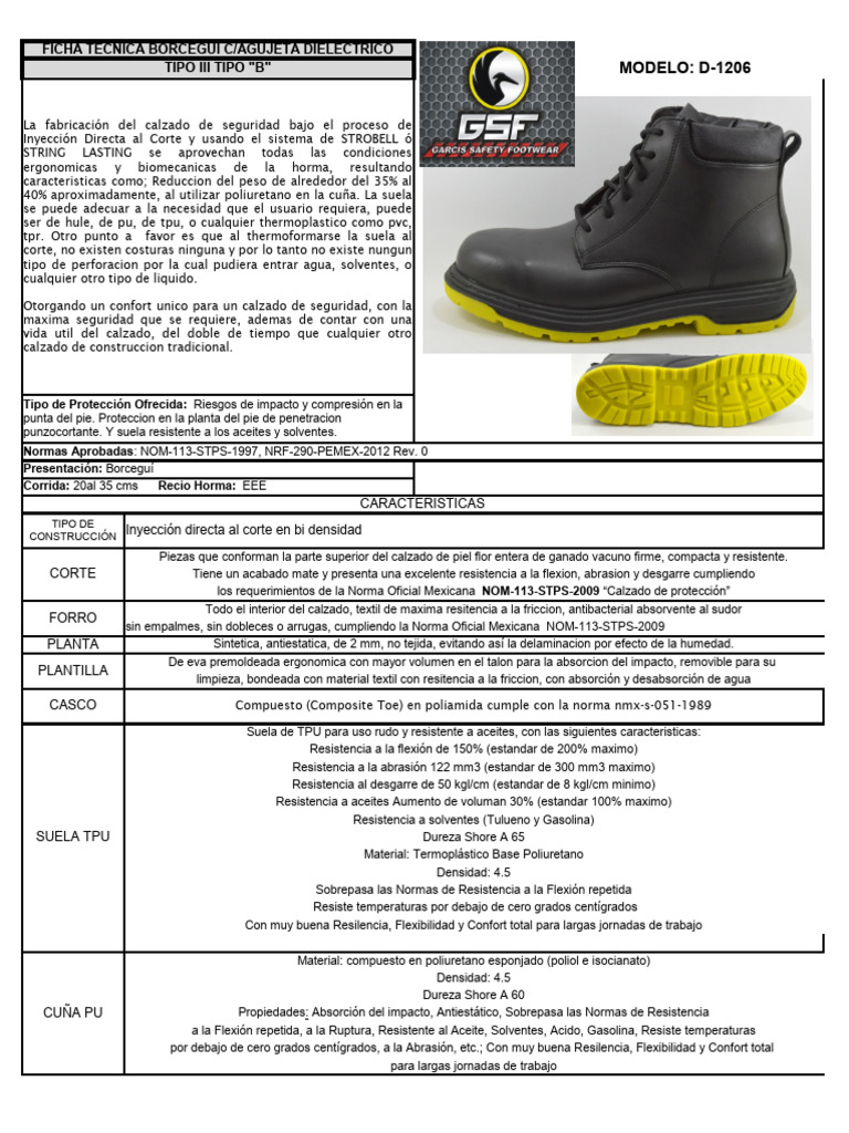 Ficha Tecnica Tipo III Tipo B Borcegui Dielectrico | PDF | Calzado | Poliuretano