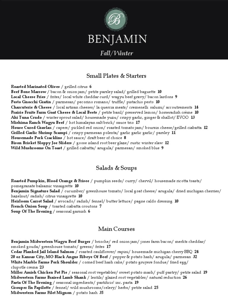Benjamin Dinner Menu | Salad | Foods