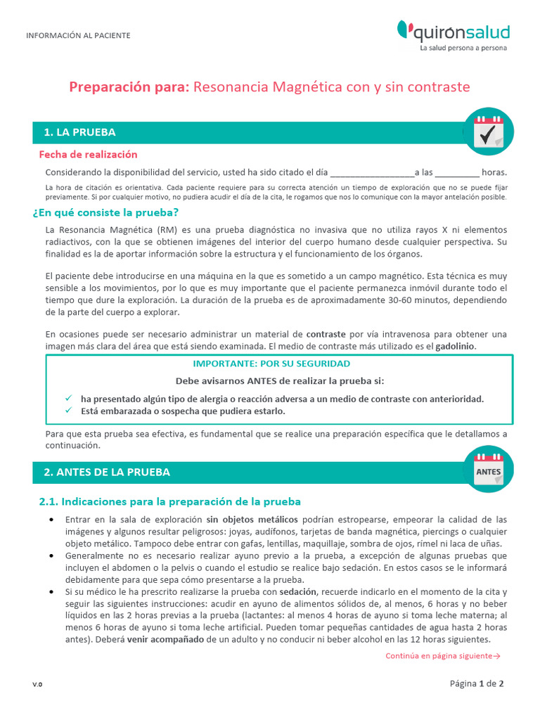Preparación RM con y sin contraste | PDF | Imagen de resonancia ...