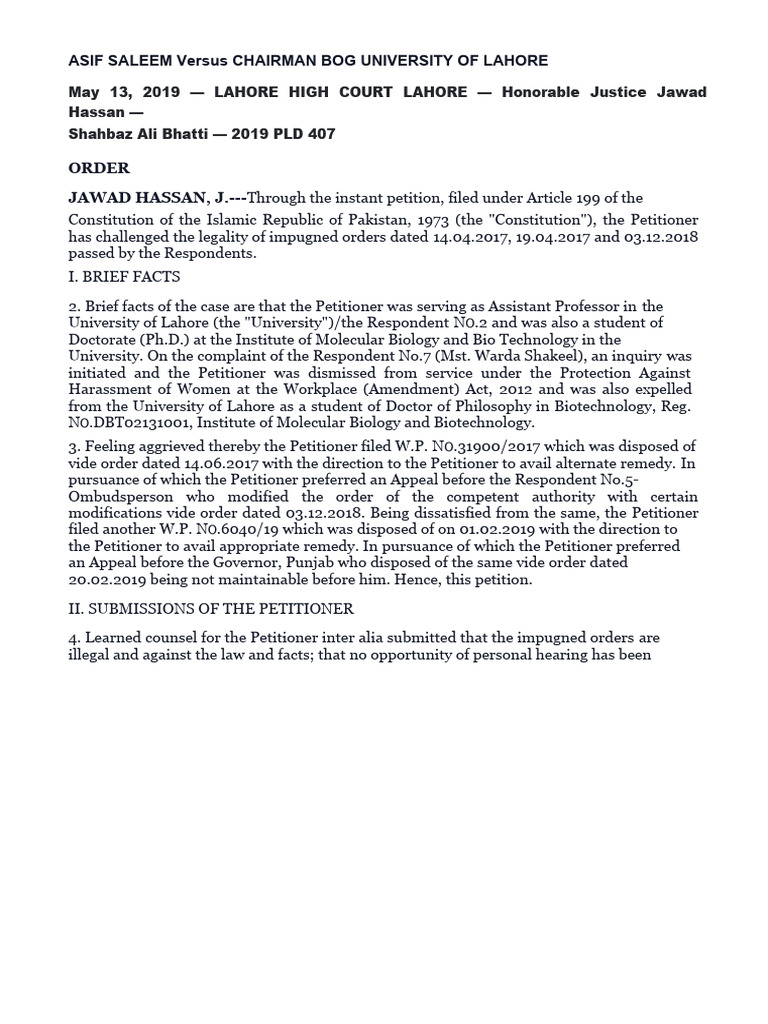 2019 PLD 407 - ASIF SALEEM Versus CHAIRMAN BOG UNIVERSITY OF LAHORE - LAHORE HIGH COURT LAHORE ...
