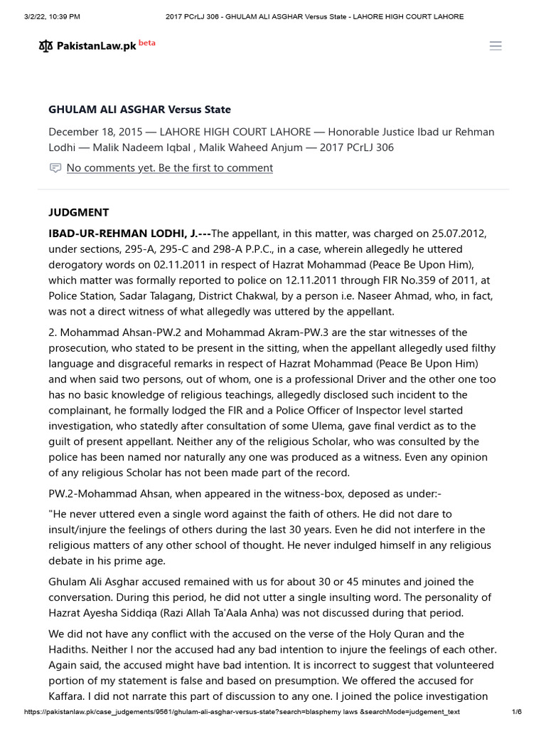 2017 PCRLJ 306 - GHULAM ALI ASGHAR Versus State - LAHORE HIGH COURT LAHORE | PDF | Hadith ...