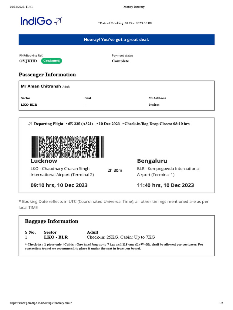 LKO To BLR 10 Dec | PDF