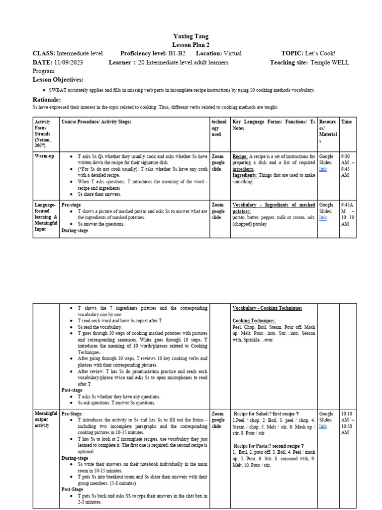 Lesson Plan 2 New-1 1 | PDF | Recipe | Lesson Plan