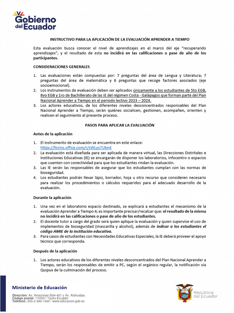 Instructivo para La Aplicación de La Evaluación Aprender A Tiempo0140983001688148035 | PDF ...
