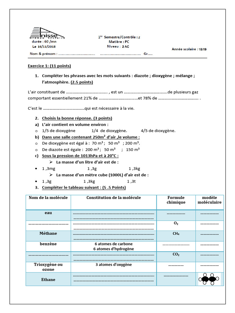 Devoir 2 Physique Et Chimie 2college 1er Semestre Sections Internationales Option Francais ...