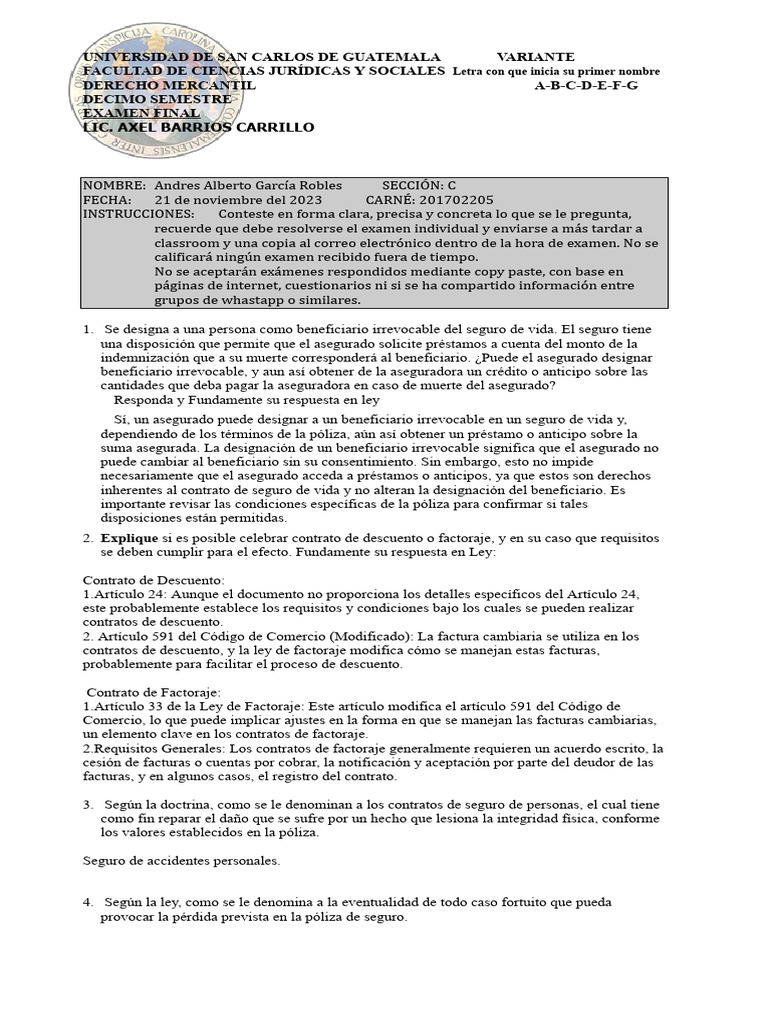 EXAMEN FINAL-Mercantil III - A-B-C-D-E-F-G 2023 11 21 | PDF | Póliza de seguros | Seguro