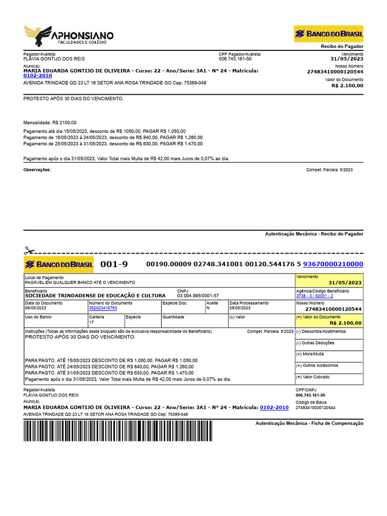 Boleto Mensalidade Aphoniano 05/2023 | PDF | Bancos | Serviços financeiros