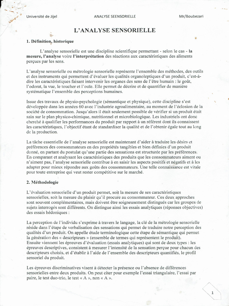 Cours1 Analyse Sensorielle | PDF