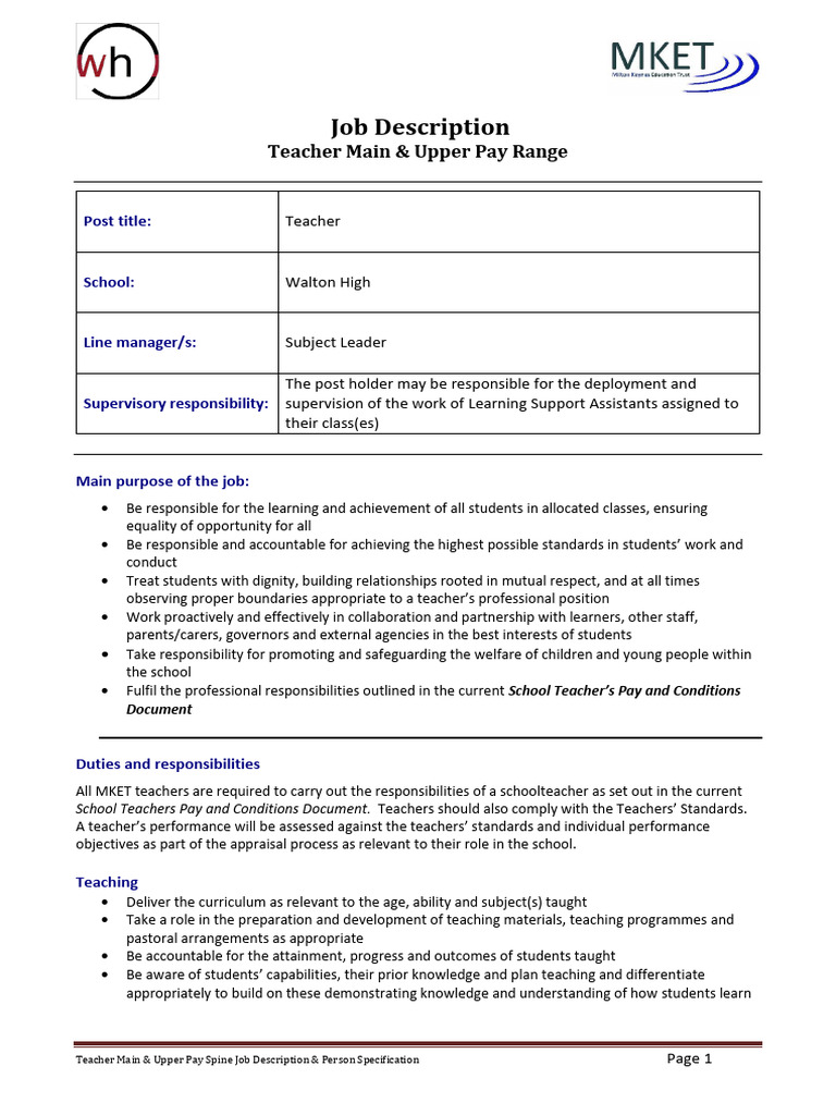 Teacher Job Description and Person Specification 2022 961 | PDF ...