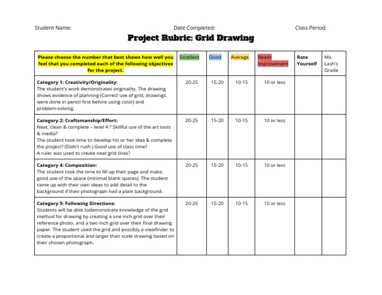 Grid Drawing Project Rubric | PDF | Computers