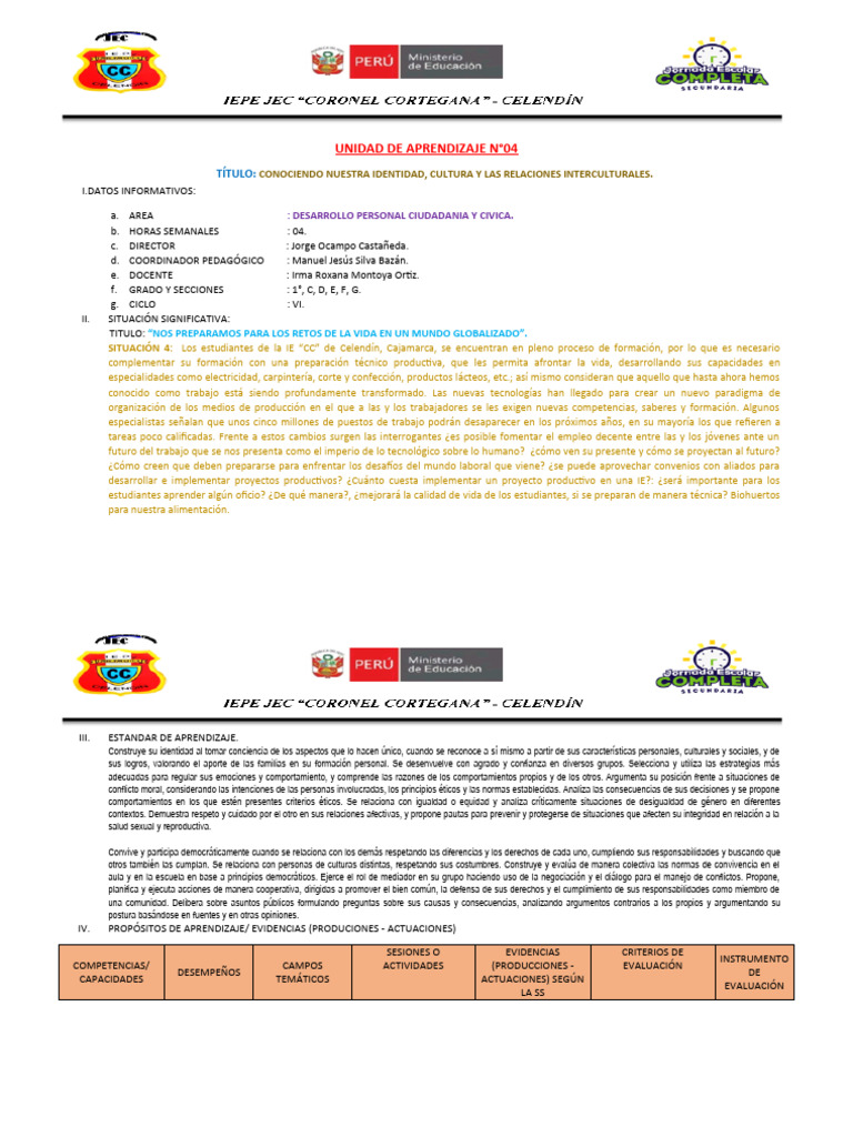 Unidad de Aprendizaje N°4 Dpcc. | PDF | Aprendizaje | Enseñando