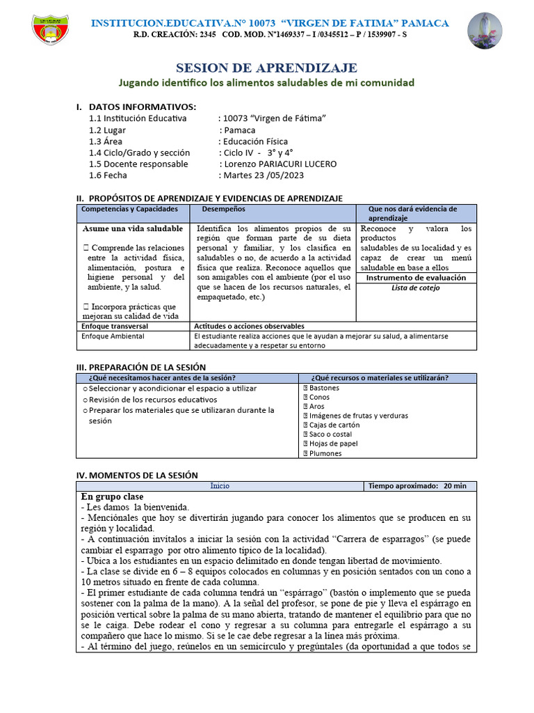 SESION DE APRENDIZAJE 3° Y 4° II | PDF | Aprendizaje | Alimentos