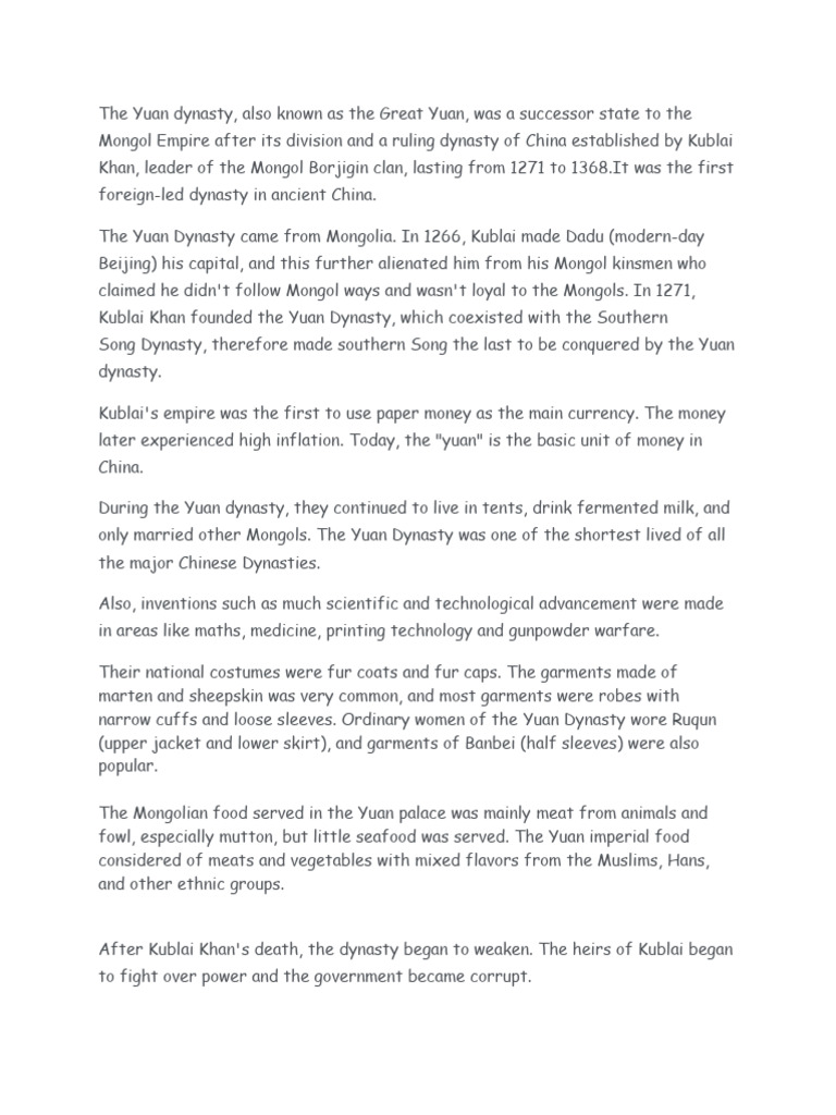 History of the Yuan Dynasty (1271-1368) | PDF
