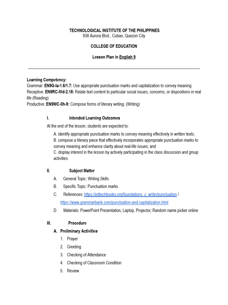 English 9 Punctuation Lesson Plan | PDF | Punctuation | Thought