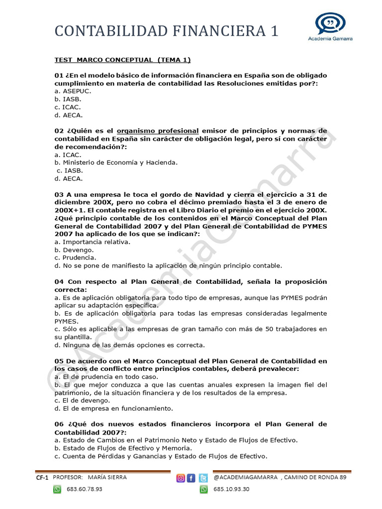 CF1 T1 TEST Normalización Contable y PGC | PDF | Contabilidad | Estado ...