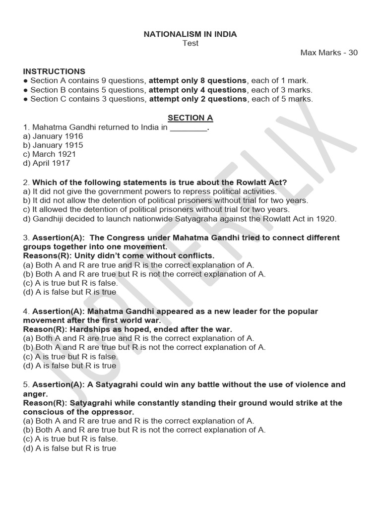 Nationalism in India Test | PDF | Mahatma Gandhi | Indian Nationalism