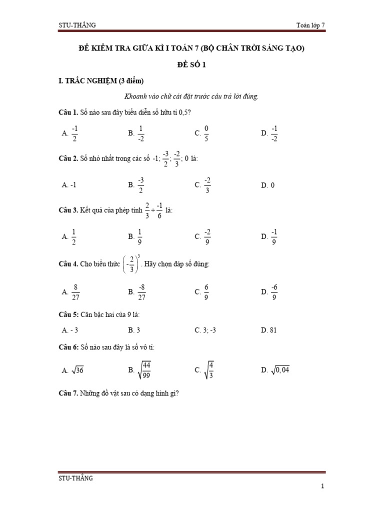 Tổng Hợp Đề Thi Giữa Học Kì 1 - toán 7 - ctst | PDF
