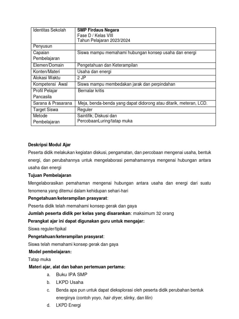 Modul Ajar Usaha Dan Energi - Fase D | PDF