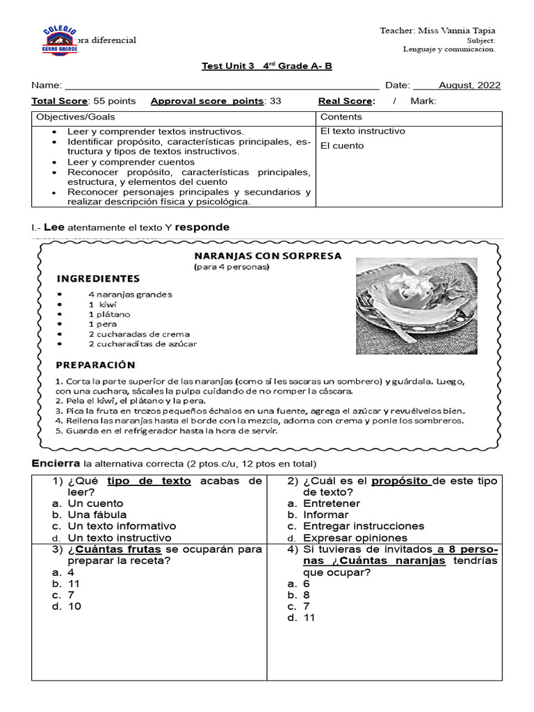 Evaluación de Lenguaje, textos instructivos y cuentos | PDF