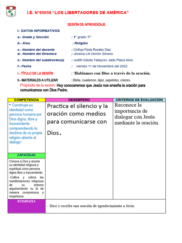 1 a Sesion de Aprendizaje de Religion Hablamos Con Dios a Traves de La ... 1 a Sesion de Aprendizaje de Religion Hablamos Con Dios a Traves de La ...