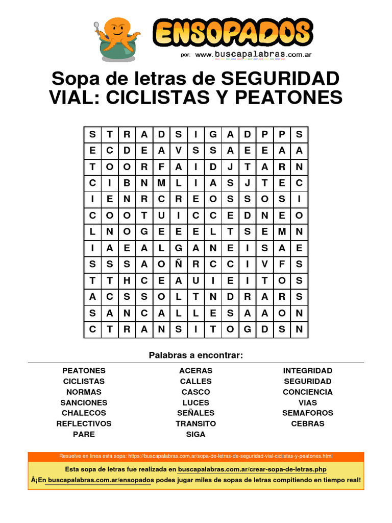 sopa-de-letras-de-seguridad-vial-ciclistas-y-peatones - Primaria | PDF ...