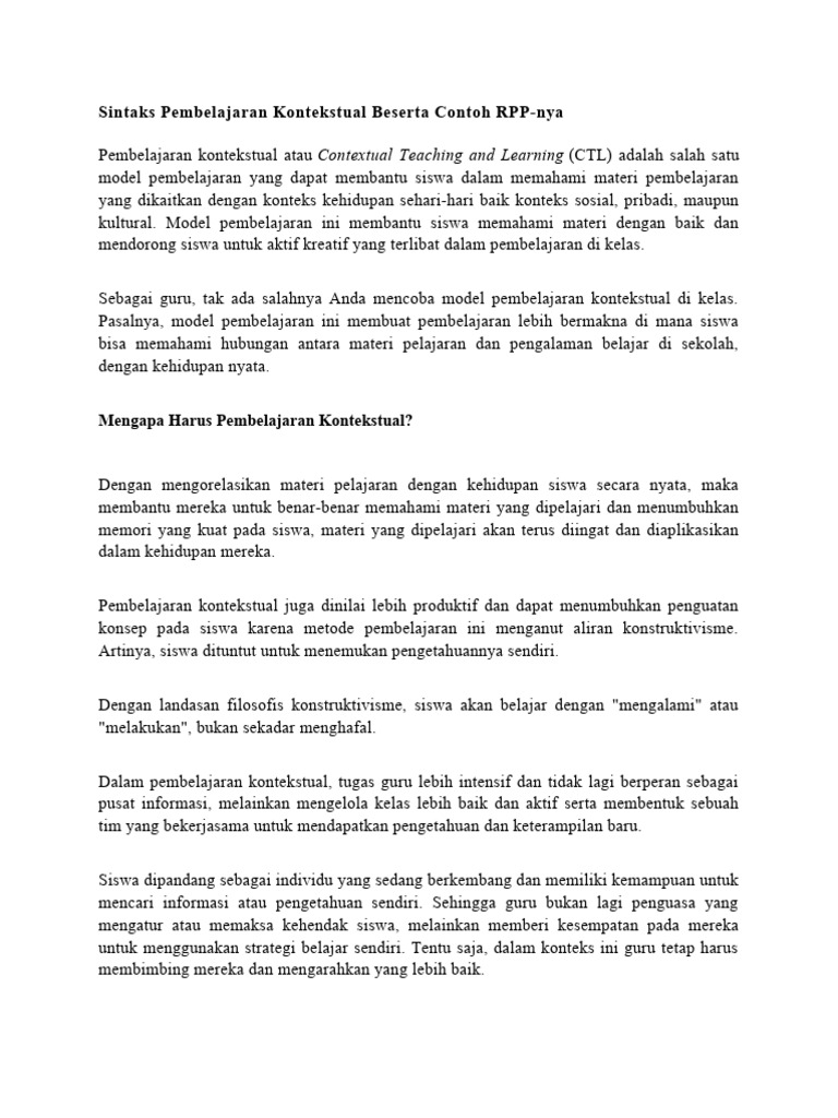 Sintaks Pembelajaran Kontekstual Beserta Contoh RPP | PDF