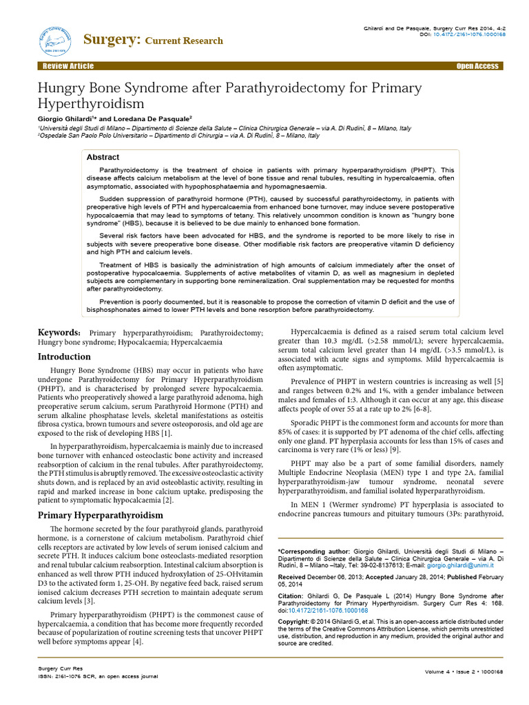 Hungry Bone Syndrome After Parathyroidectomy For Primary Hyperthyroidism 2161 1076 4 168 | PDF ...