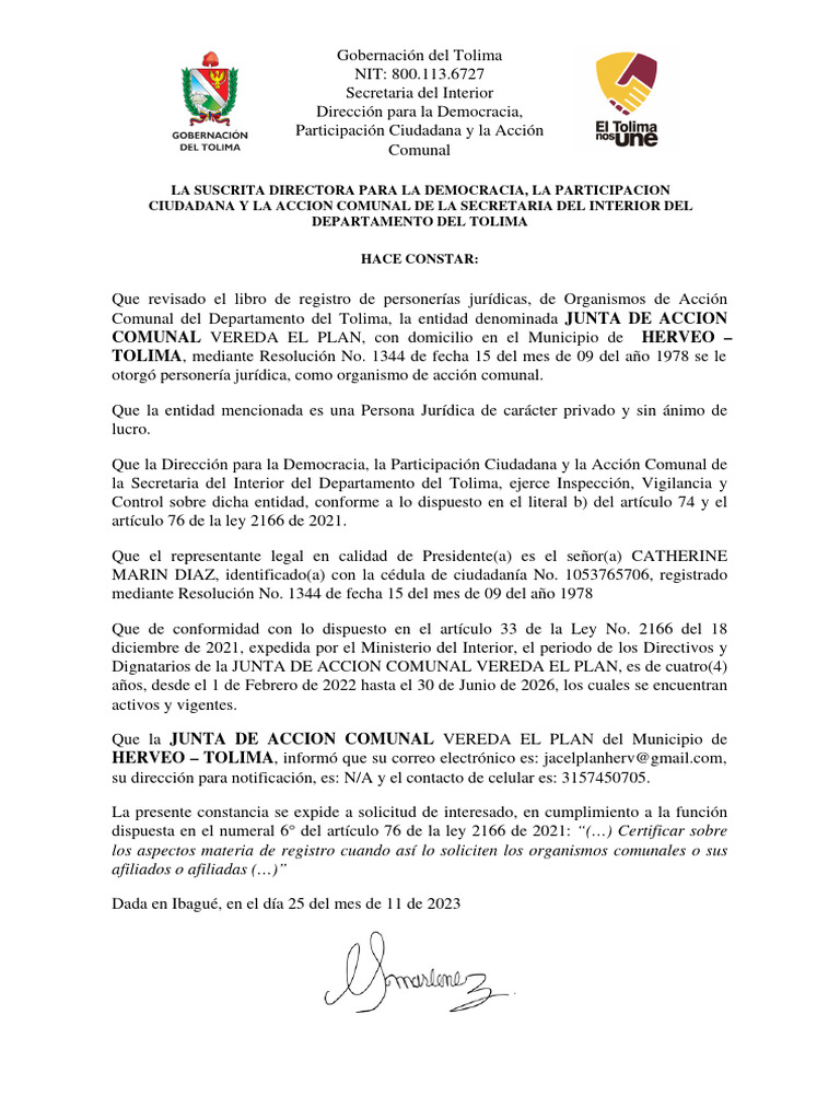 COMUNAL VEREDA EL PLAN, Con Domicilio en El Municipio de HERVEO ...