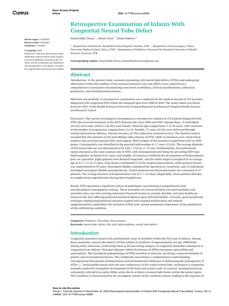 Retrospective Examination of Infants With Congenital Neural Tube Defect ...