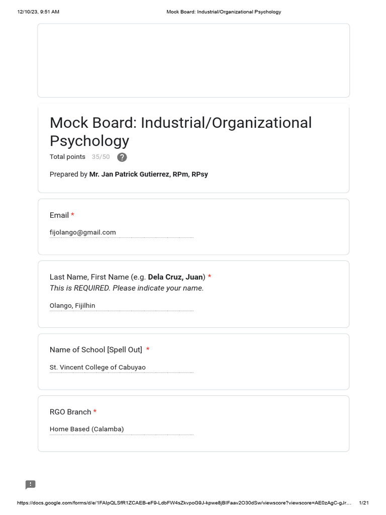 Mock Board - Industrial - Organizational Psychology - December 10, 2023 | PDF | Organizational ...