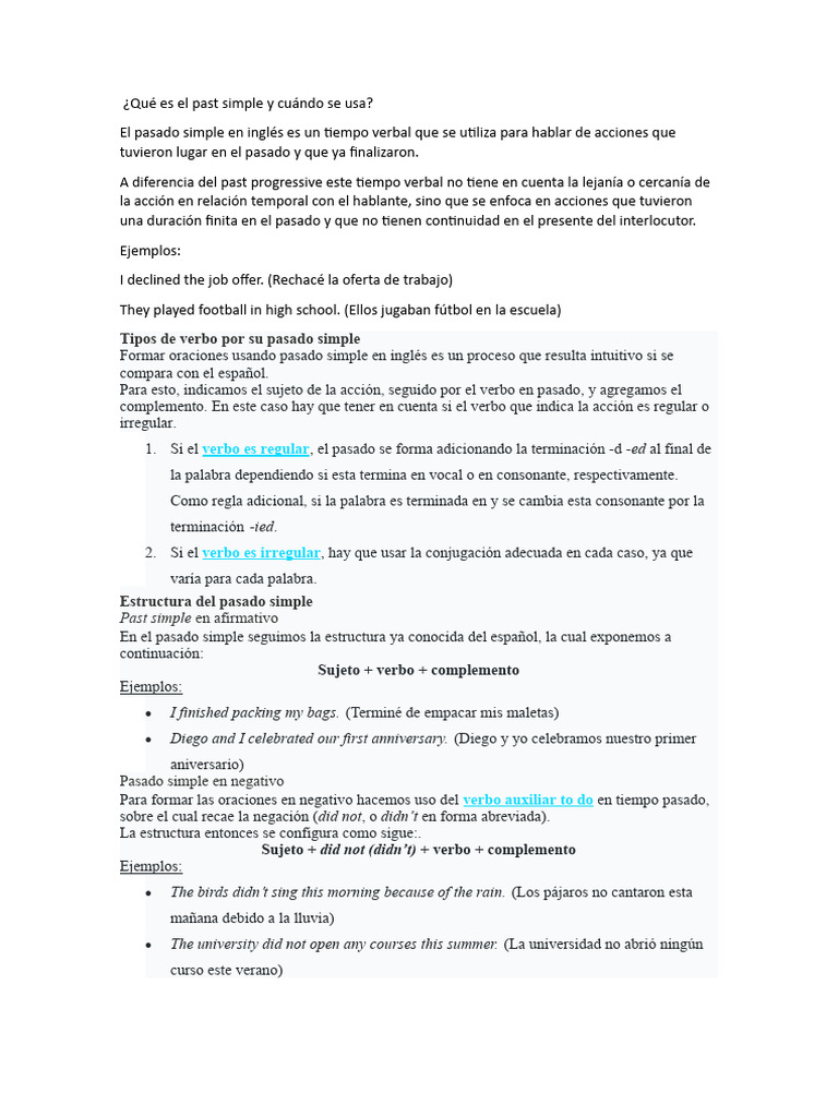 Qué Es El Past Simple y Cuándo Se Usa | PDF | Verbo | Asunto (gramática)